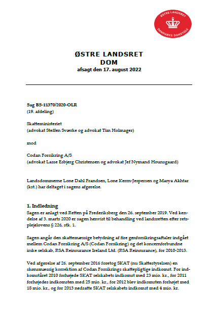 Denmark vs. Codan Forsikring A/S, August 2022, Court of Appeal, Case no ...