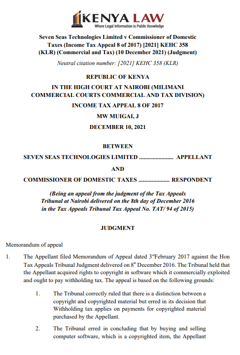 Kenya vs Seven Seas Technologies Ltd, December 2021, High Court of ...