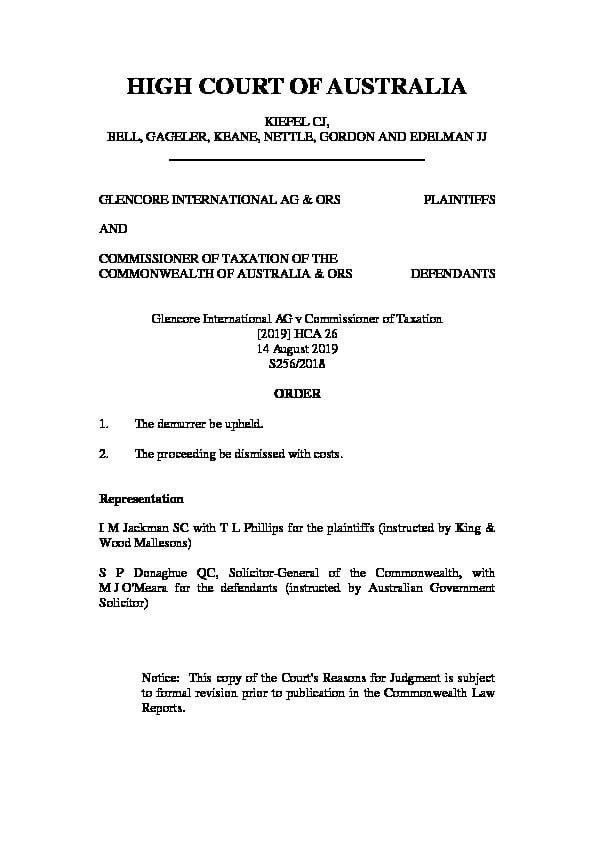 Australia vs. Glencore, August 2019, High Court, Case No. [2019] HCA 26 ...