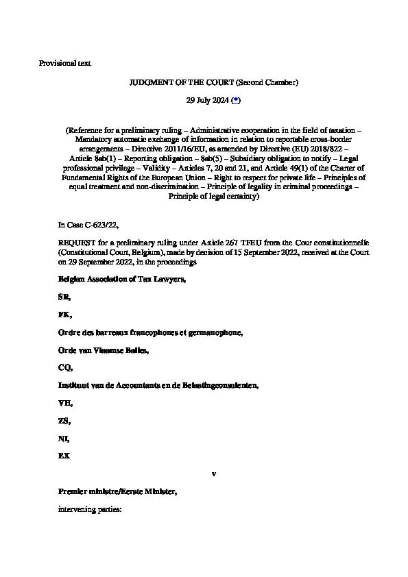 Belgium - Request for preliminary ruling, July 2024, European Court of ...