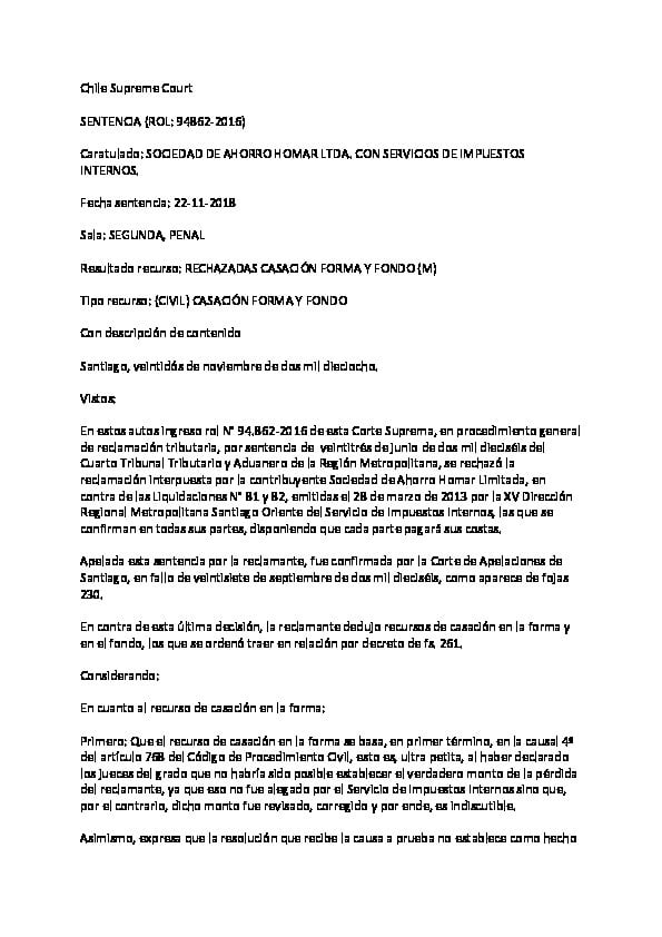Chile vs Sociedad de Ahorro Homar Ltda., November 2018, Corte Suprema ...