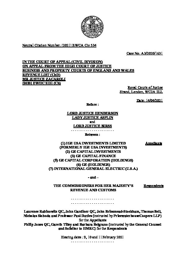 UK vs GE Capital, April 2021, Court of Appeal, Case No [2021] EWCA Civ ...