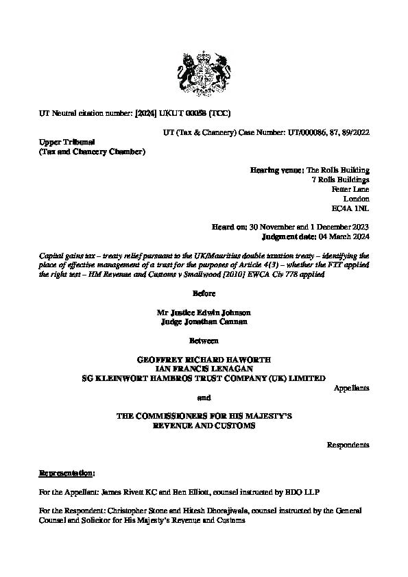 UK vs Haworth and Lenagan, March 2024, Upper Tribunal, Case No. [2024] UKUT 00058 (TCC) - TPcases