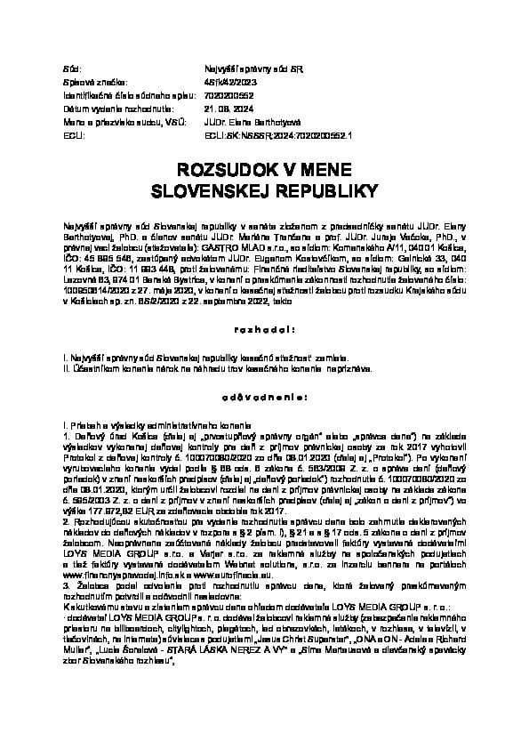 Slovakia vs GASTRO MLAD s.r.o, August 2024, Supreme Administrative ...