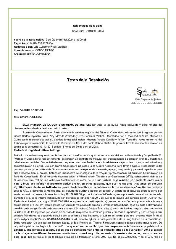 Costa Rica vs Molinos de Guanacaste S.A., December 2024, Supreme Court ...