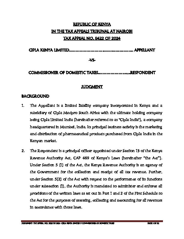 Kenya vs Cipla Kenya Limited, May 2025, Tax Appeal Tribunal, Case No. E422 OF 2024 - TPcases