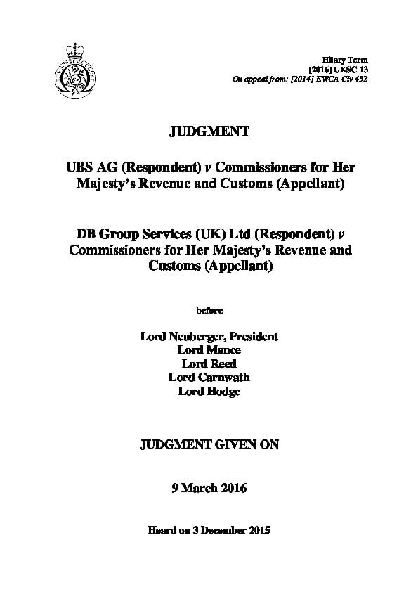 UK vs UBS AG, March 2016, Supreme Court, Case No [2016] UKSC 13 - TPcases