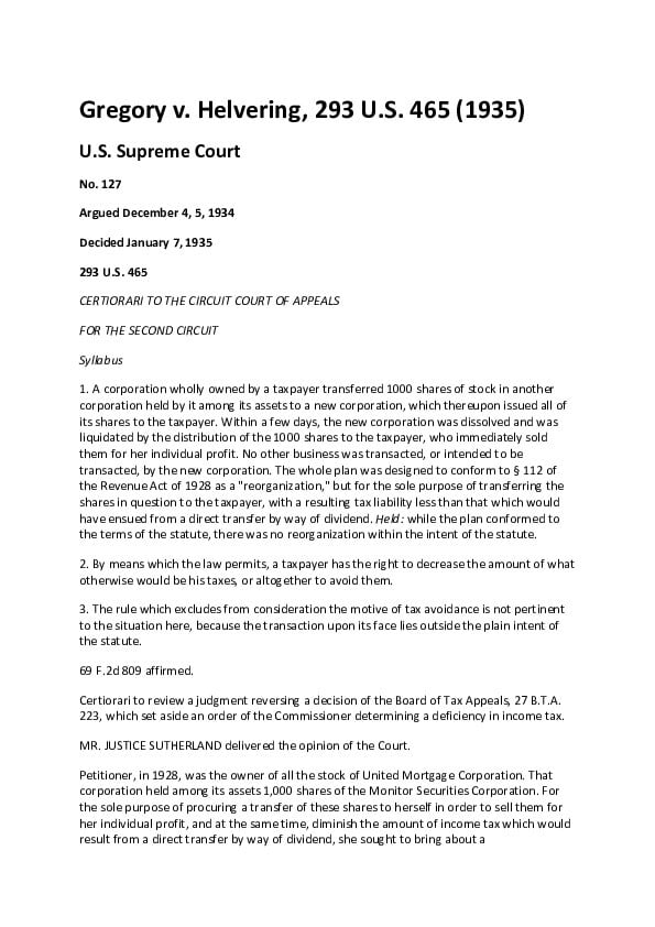 Gregory v. Helvering, January 1935, U.S. Supreme Court, Case No. 293 U ...