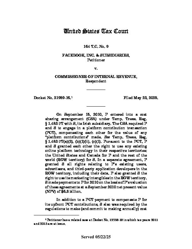 US vs Facebook, May 2025, US Tax Court, T.C. Opinion No 164 T.C. No. 9, Docket No. 21959-16 ...