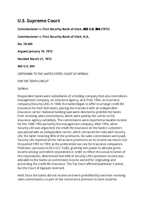 US vs First Security Bank of Utah, March 1972, US Supreme Court, Case ...