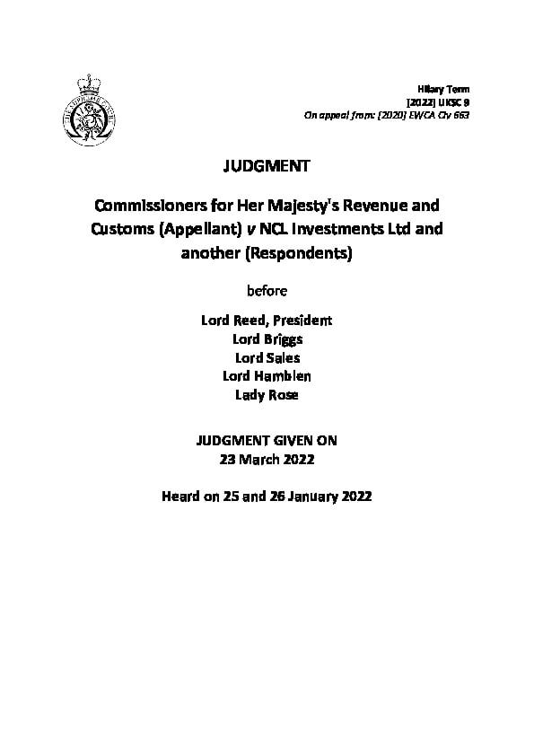 UK vs NCL Investments Ltd, March 2022, UK Supreme Court, Case No [2022 ...